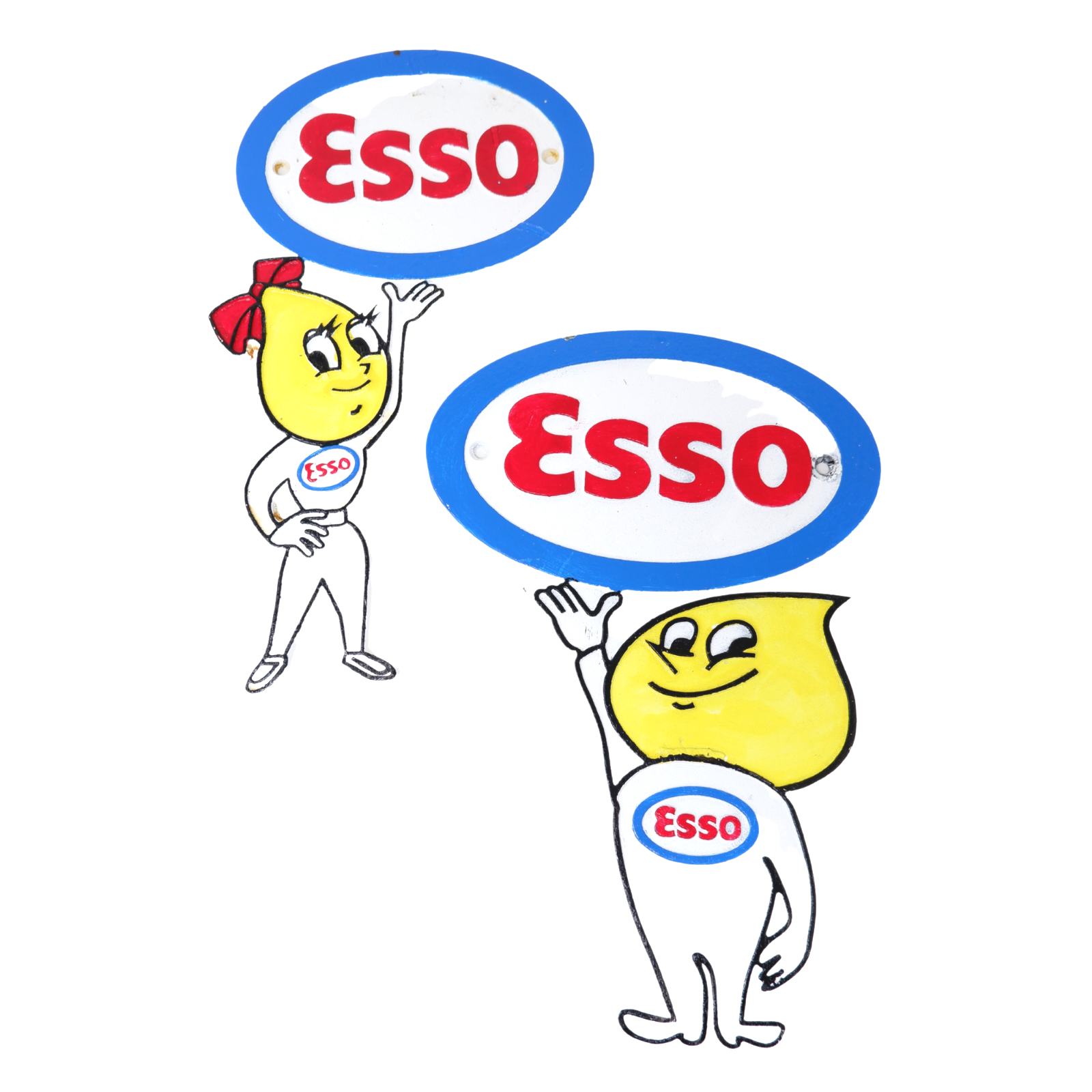 Cast Iron Esso Man Boy&Girl Lady Plaque Sign Oil Hand Painted Pair Wal